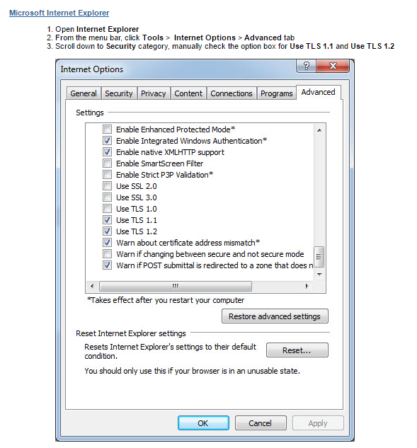 Browser Settings - Enable TLS 1.1 and/or TLS 1.2 Protocols – HighMarks